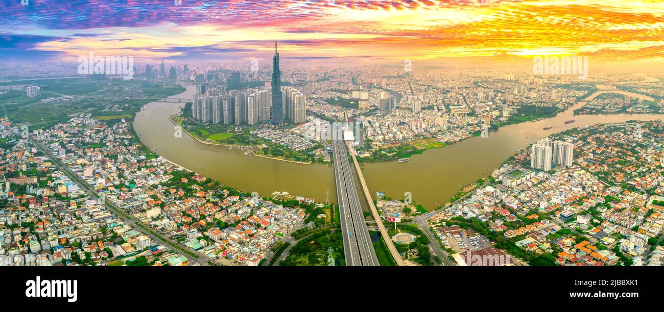 Top view aerial of center Ho Chi Minh City at sunset scene with ...