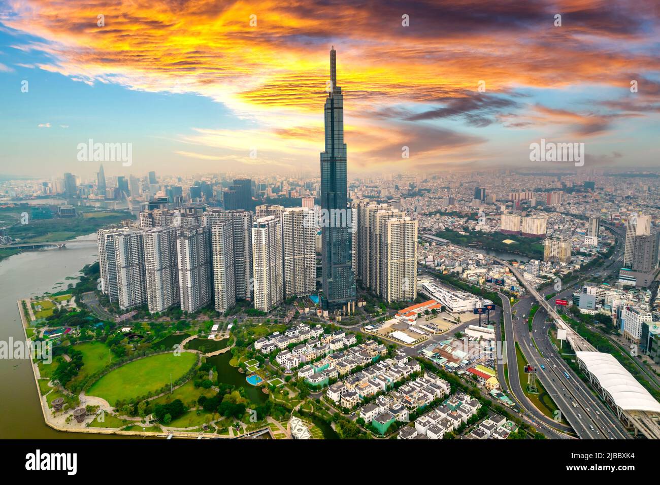 Top view aerial of center Ho Chi Minh City at sunset scene with ...