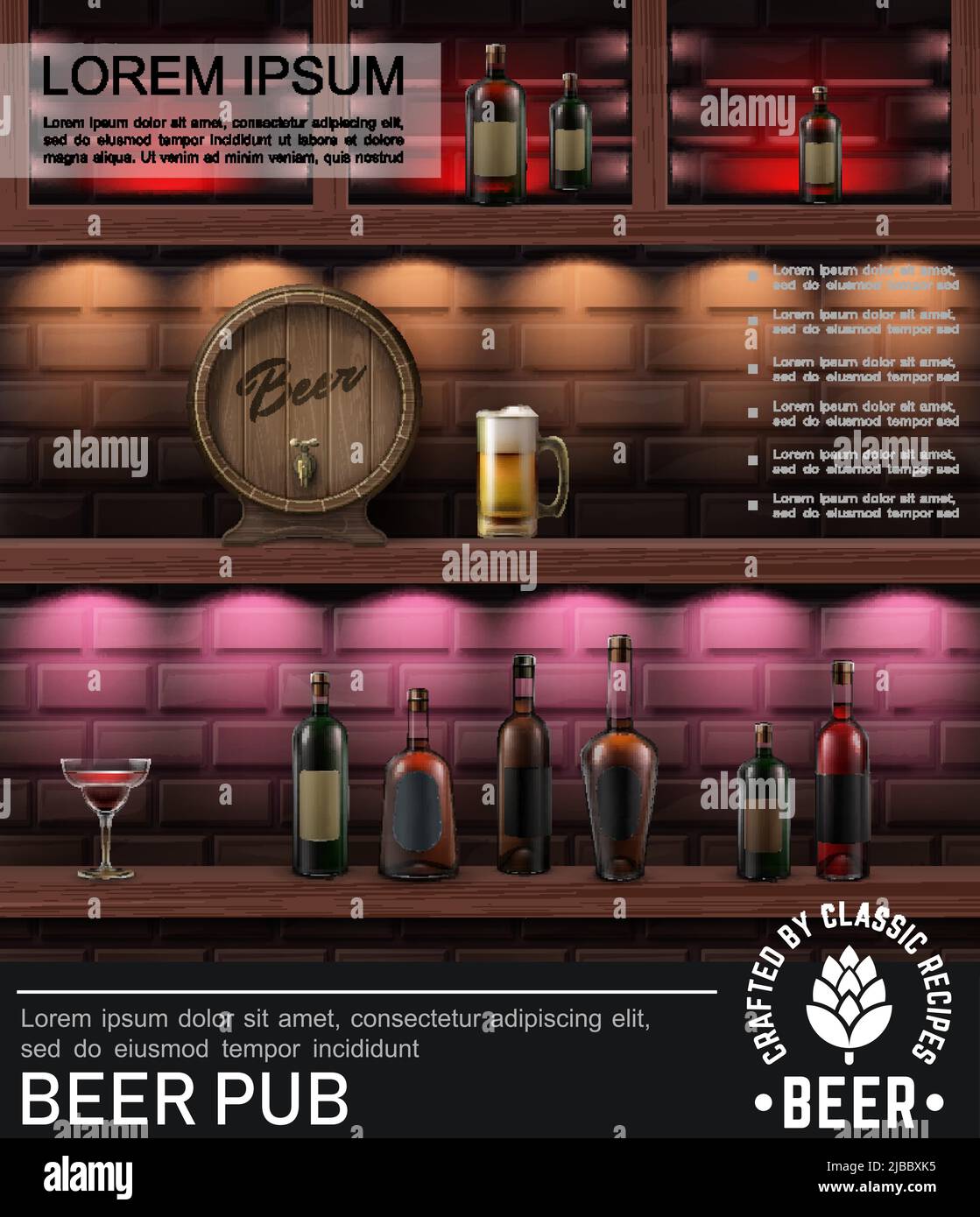 Realistic pub colorful poster with cocktails bottles of alcoholic ...