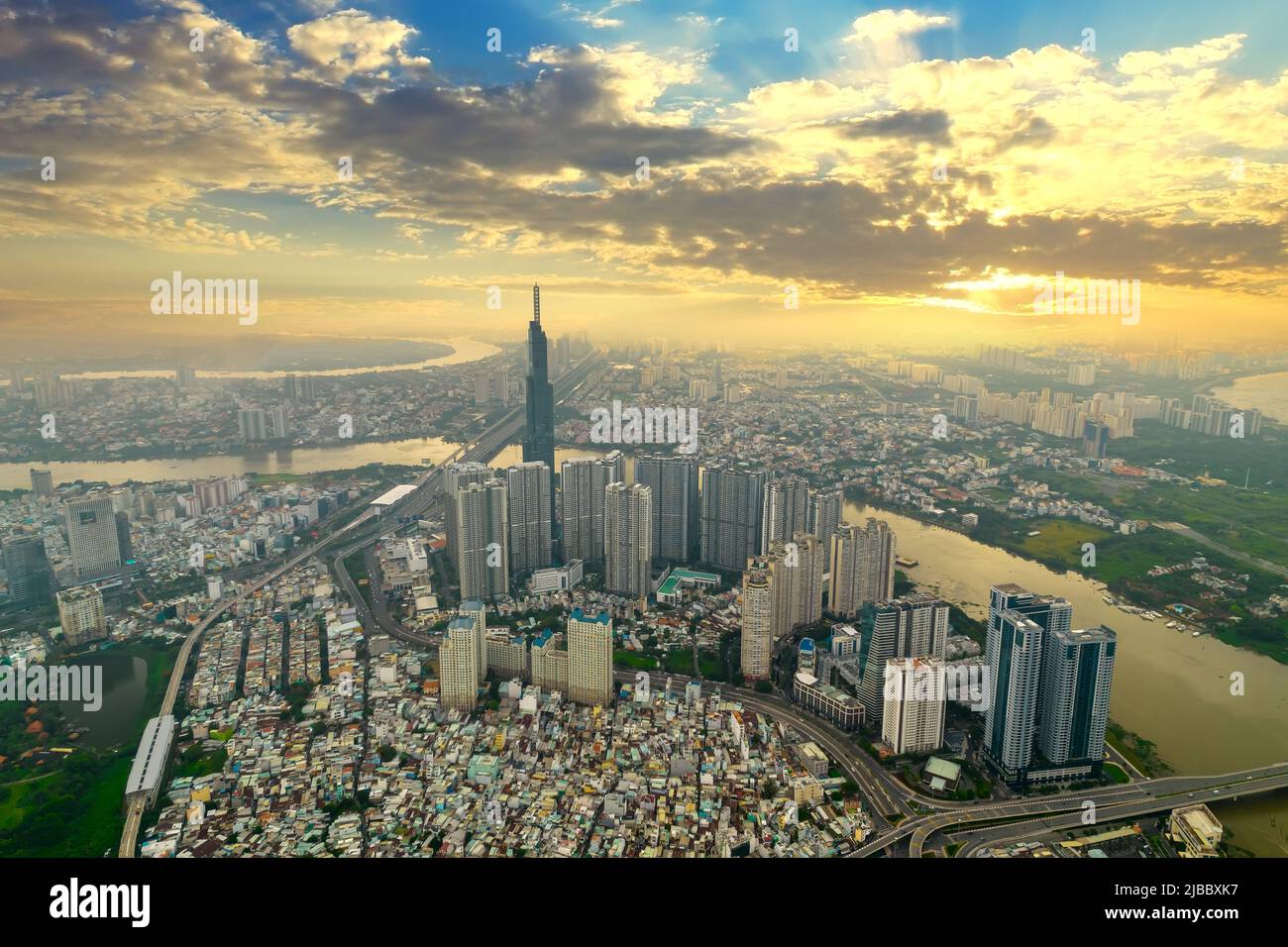 Top view aerial of center Ho Chi Minh City at sunset scene with ...