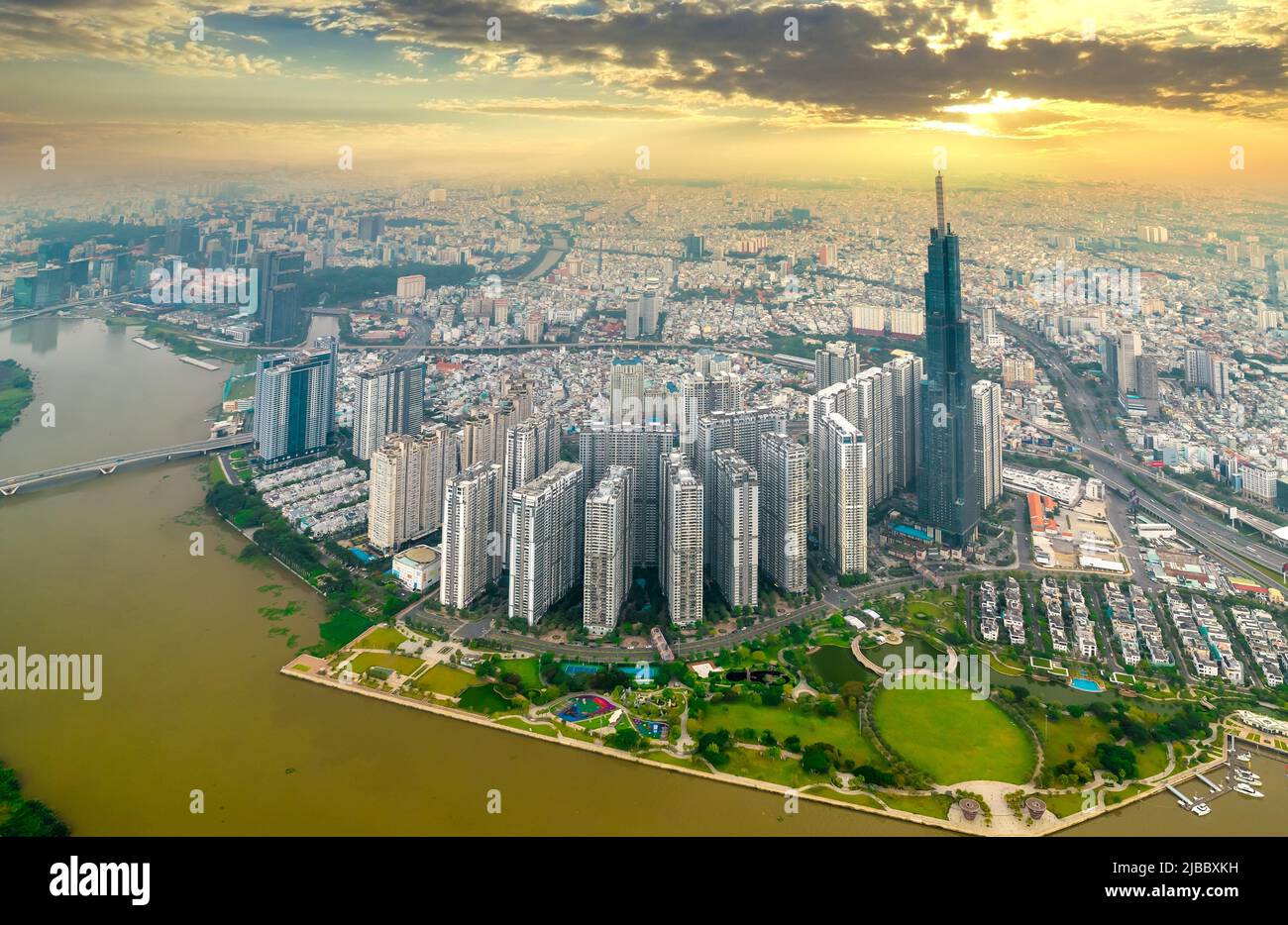 Top view aerial of center Ho Chi Minh City at sunset scene with ...