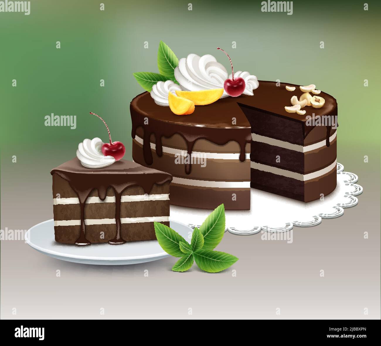 Vector chocolate puff cake with icing, whipped cream, nuts, fruits ...