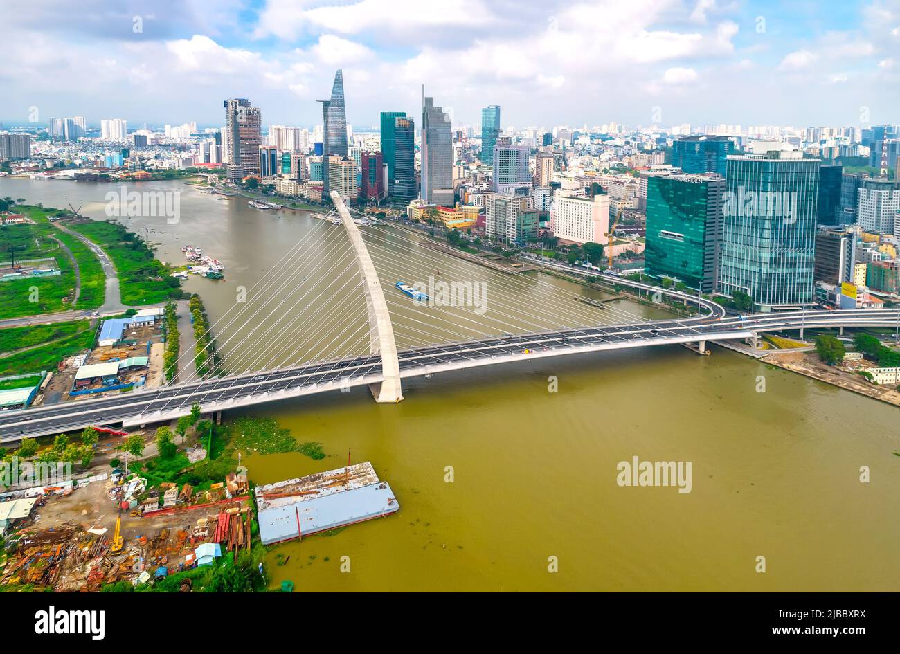 Aerial view cable-stayed bridge connecting traffic to the commercial ...