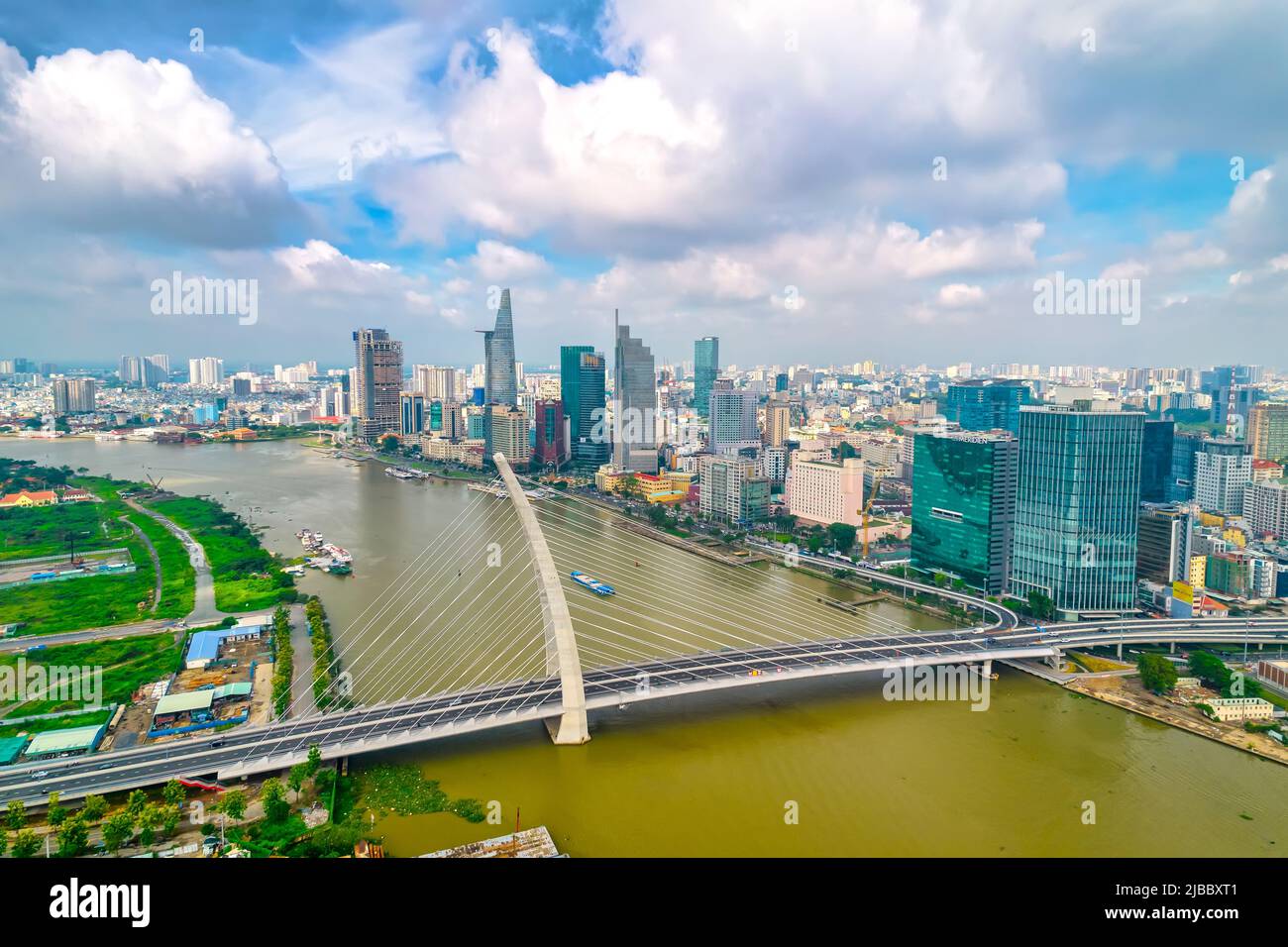 Aerial view cable-stayed bridge connecting traffic to the commercial ...