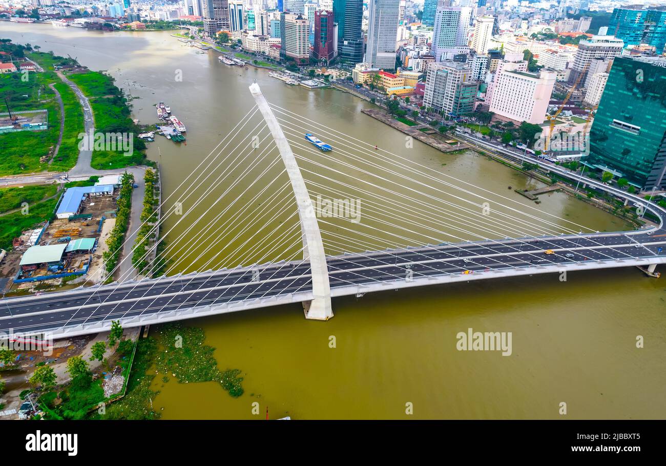 Aerial view cable-stayed bridge connecting traffic to the commercial ...