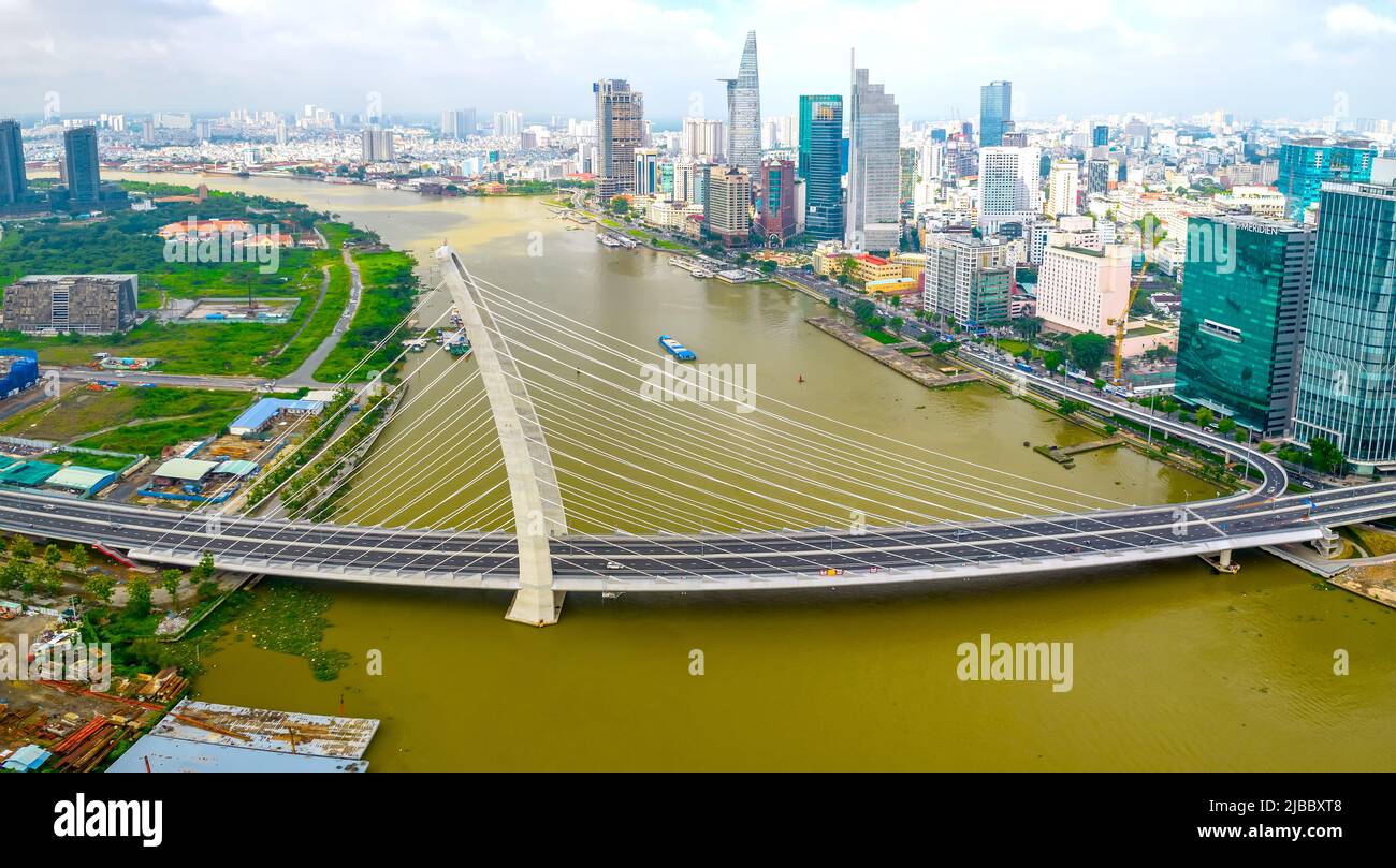Aerial view cable-stayed bridge connecting traffic to the commercial ...