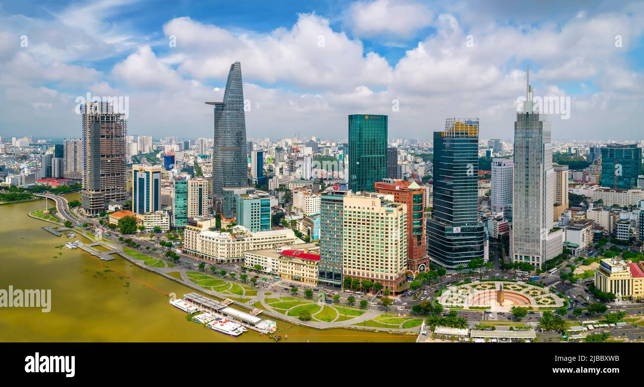 Top view aerial photo from flying drone of a Ho Chi Minh City with ...