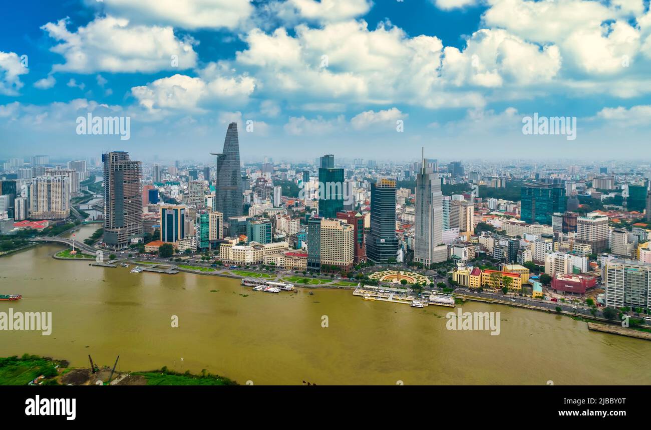 Top view aerial photo from flying drone of a Ho Chi Minh City with ...