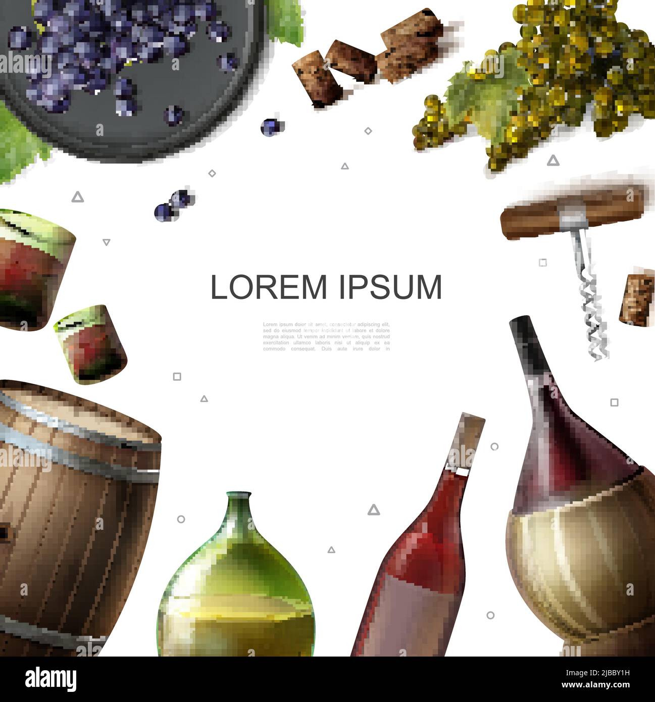 Realistic wine production industry template with wooden barrel bottles ...