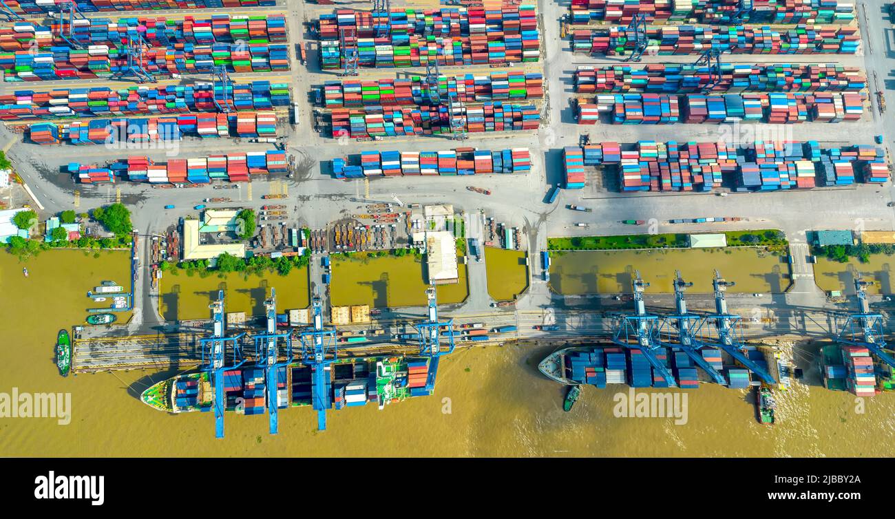 Aerial view of Cat Lai port with cargo ship and container Ho chi Minh ...