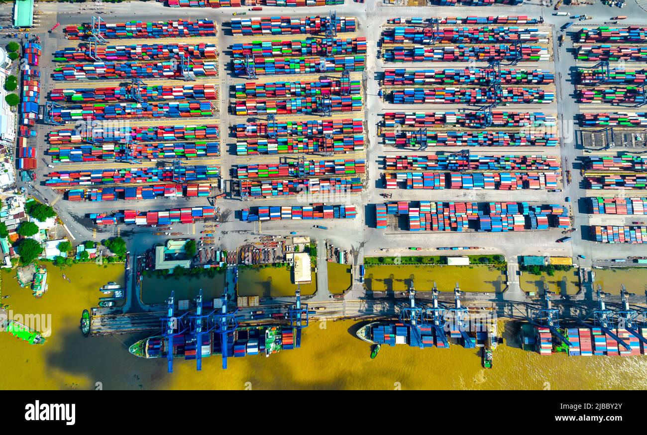 Aerial view of Cat Lai port with cargo ship and container Ho chi Minh ...