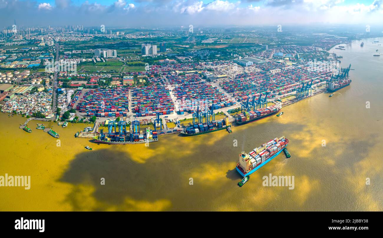 Aerial view of Cat Lai port with cargo ship and container Ho chi Minh ...