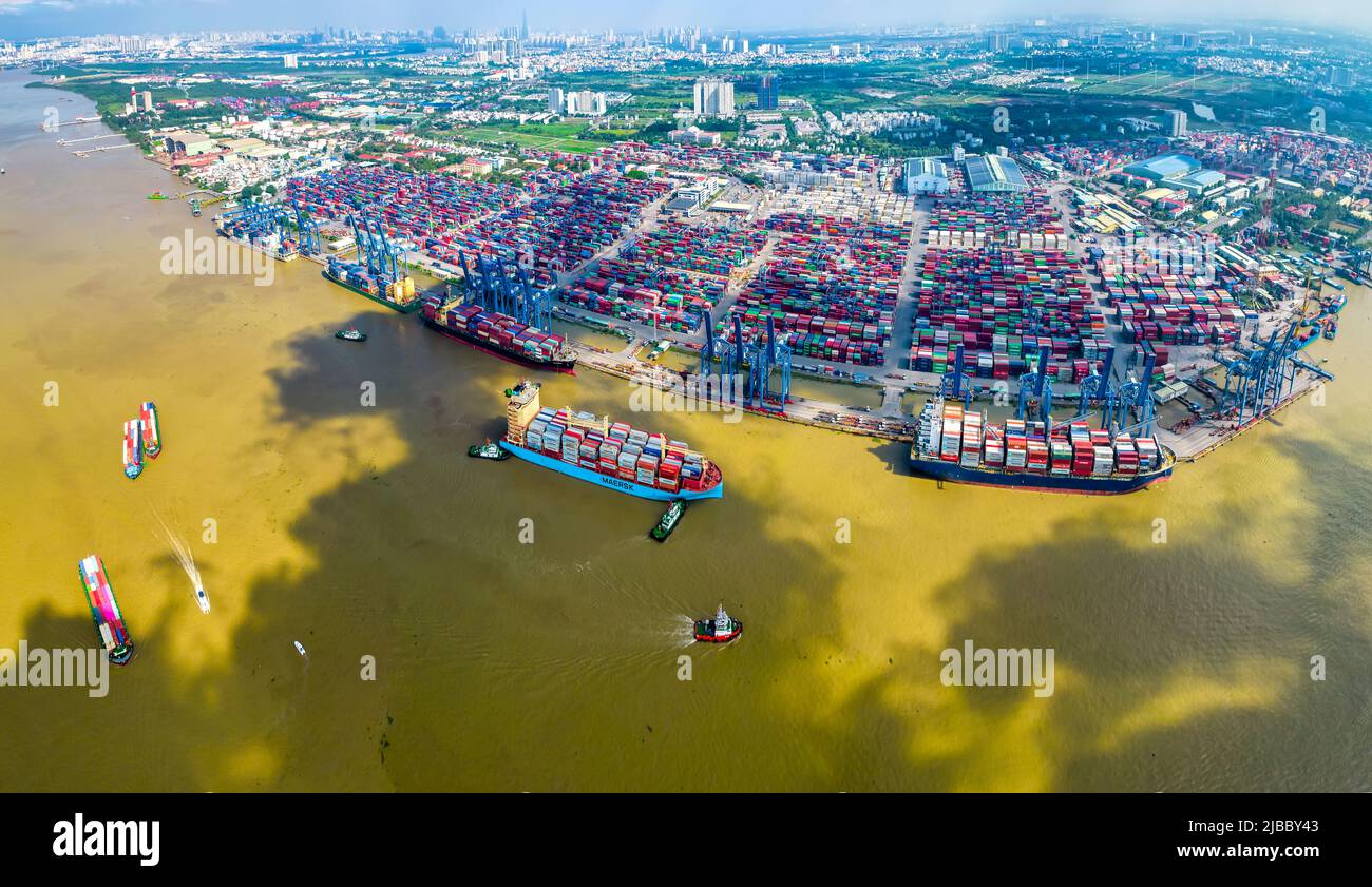 Aerial view of Cat Lai port with cargo ship and container Ho chi Minh ...