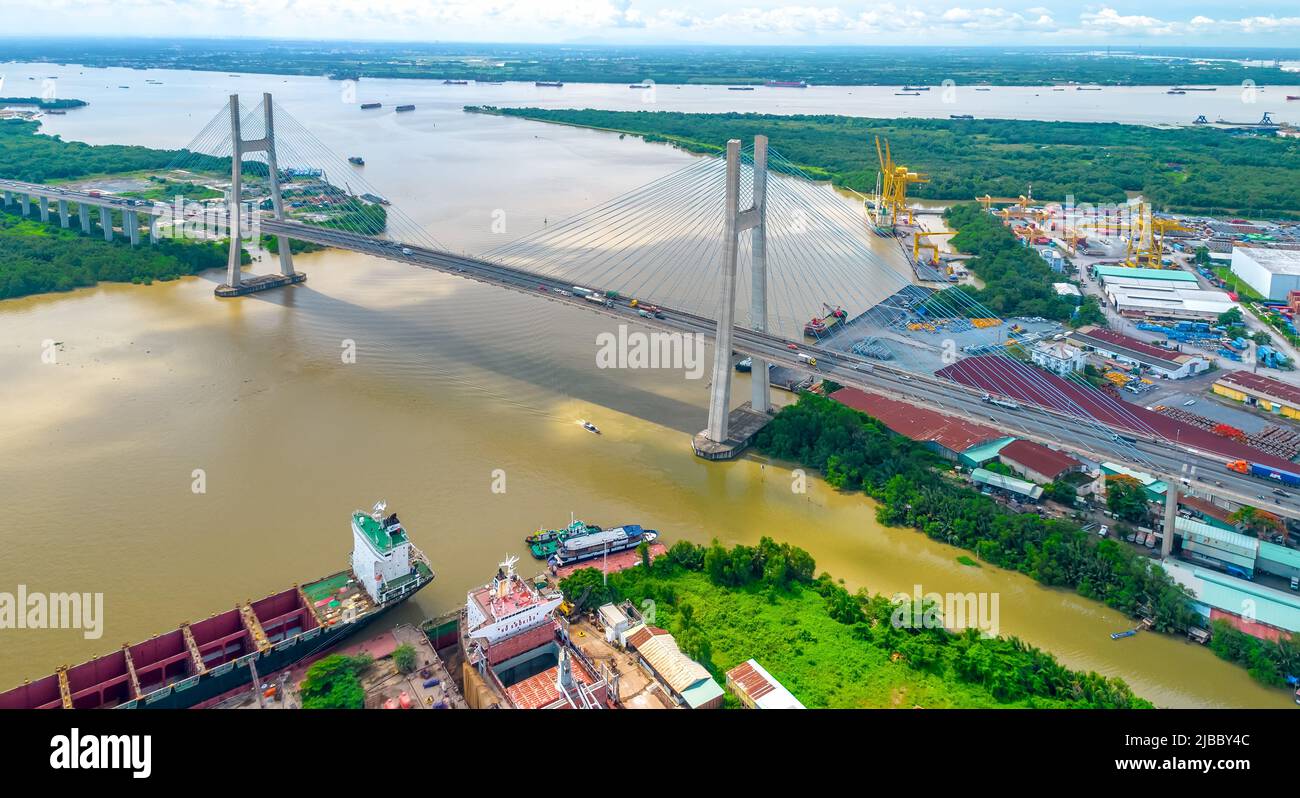 Drone view of Phu My bridge in Ho Chi Minh city, Vietnam. This is the ...