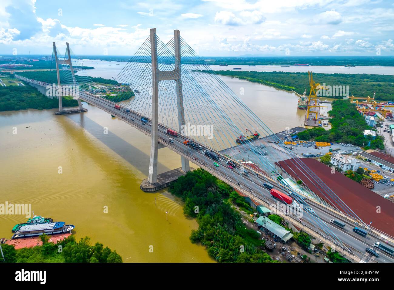 Drone view of Phu My bridge in Ho Chi Minh city, Vietnam. This is the ...