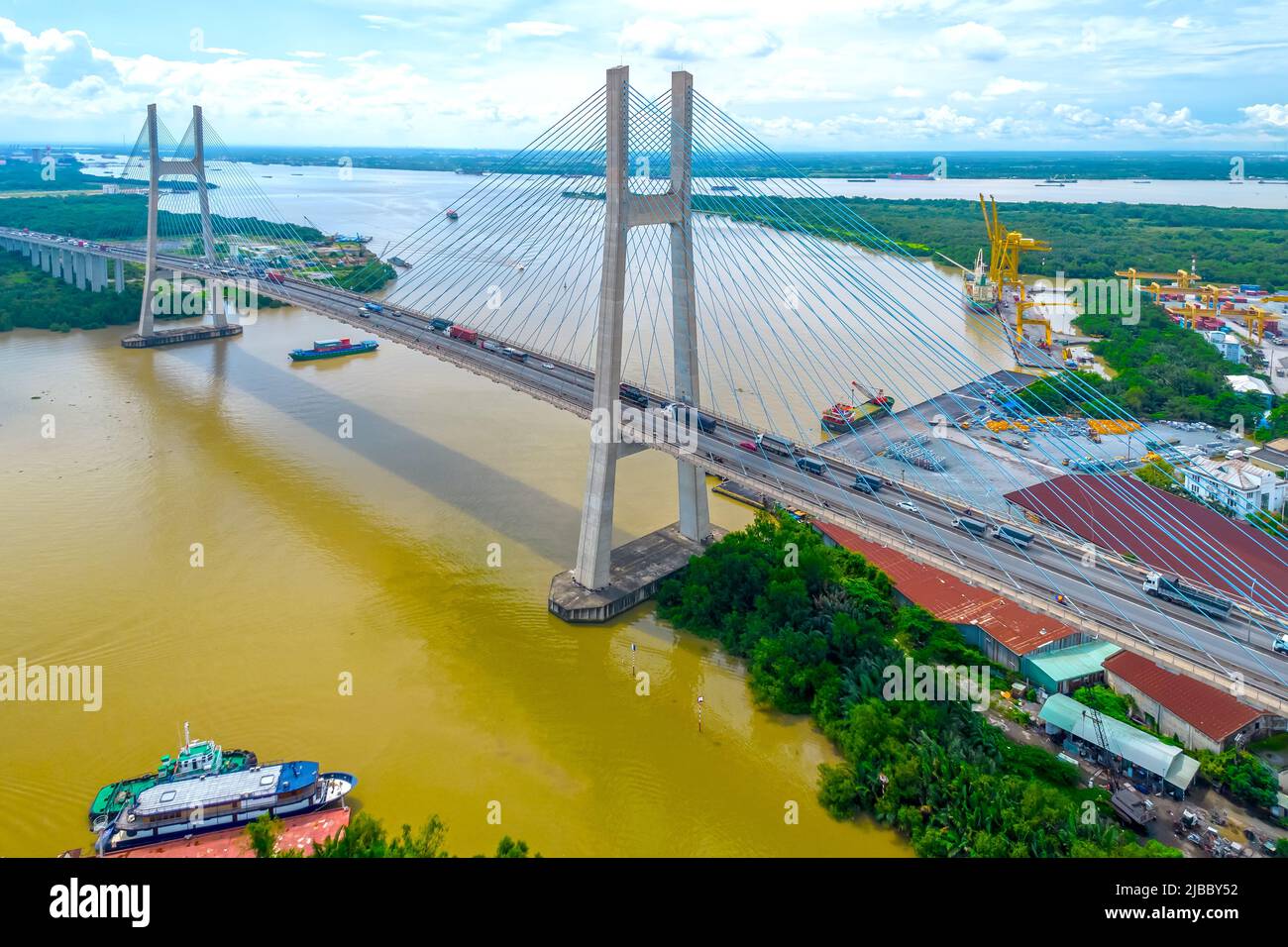 Drone view of Phu My bridge in Ho Chi Minh city, Vietnam. This is the ...