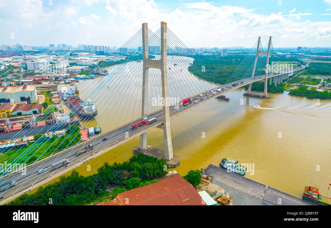 Drone view of Phu My bridge in Ho Chi Minh city, Vietnam. This is the ...