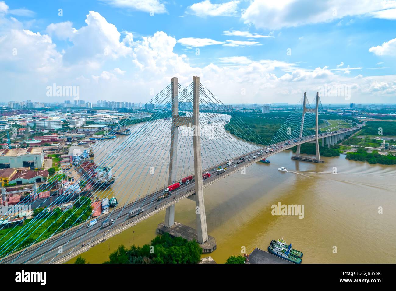 Drone view of Phu My bridge in Ho Chi Minh city, Vietnam. This is the ...