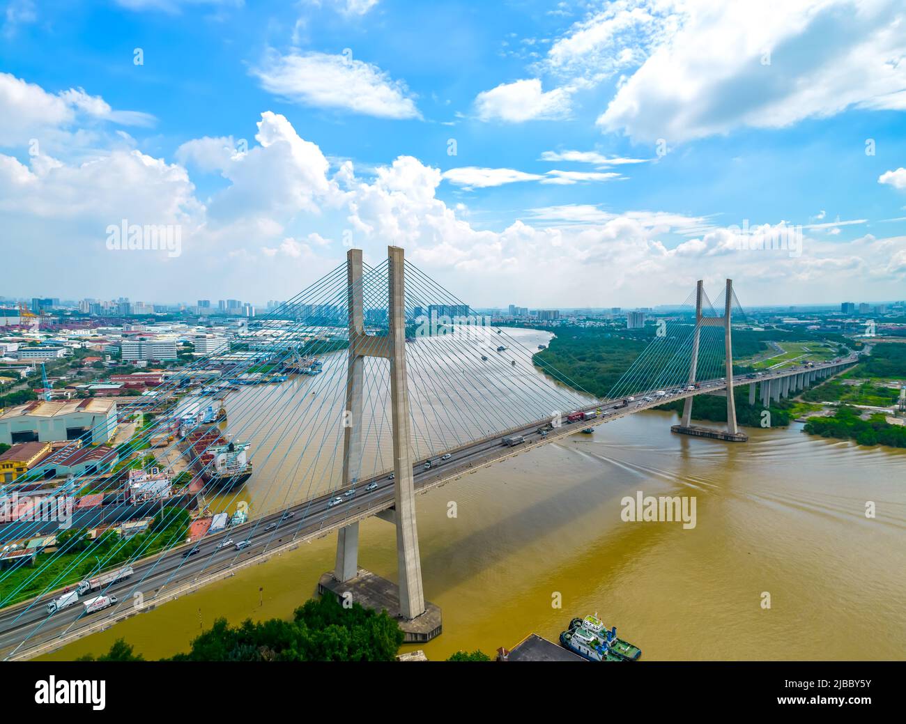 Drone view of Phu My bridge in Ho Chi Minh city, Vietnam. This is the ...