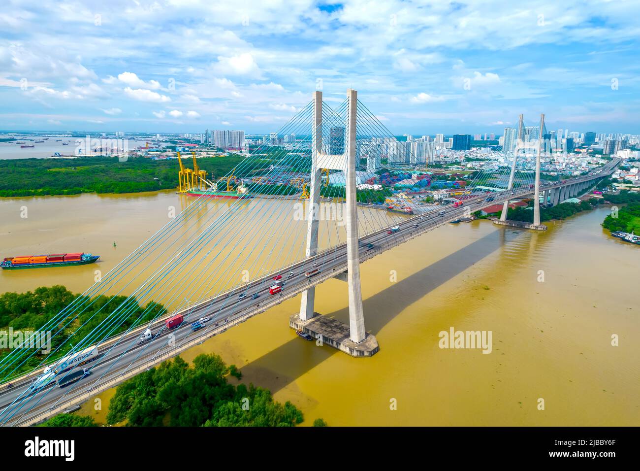 Drone view of Phu My bridge in Ho Chi Minh city, Vietnam. This is the ...
