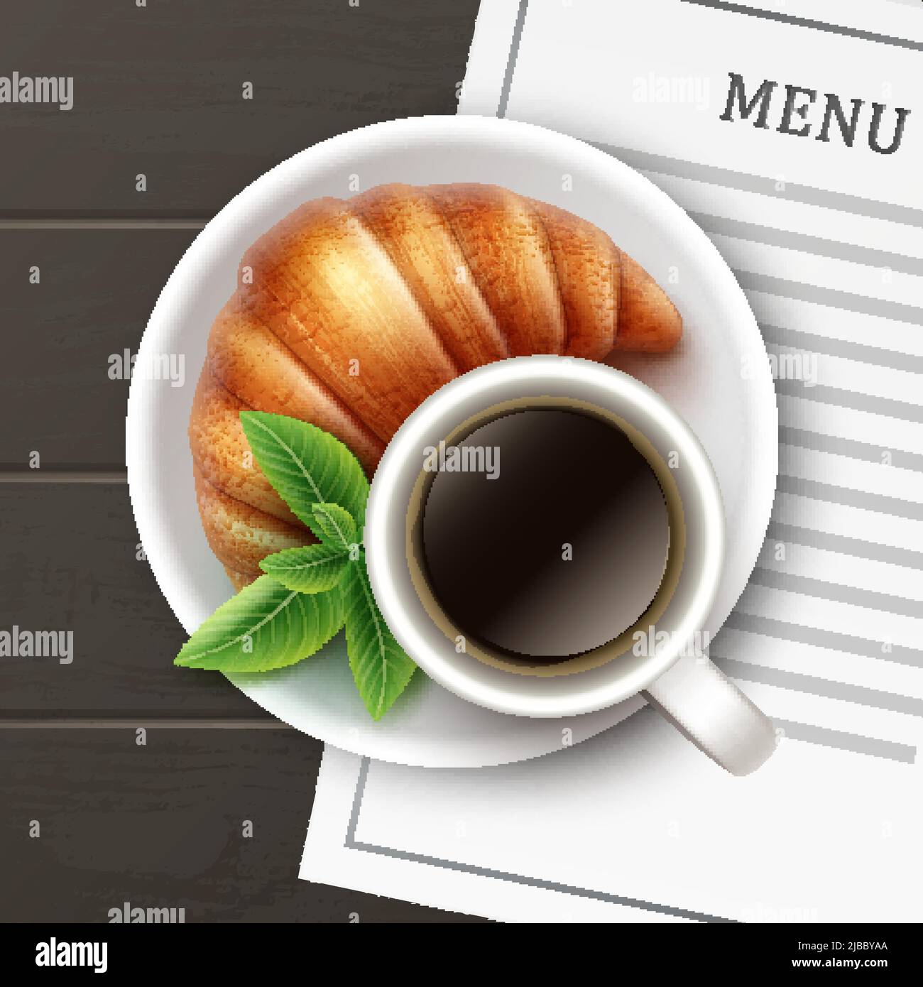 Vector fresh crispy french croissant with cup of coffee, plate and menu ...