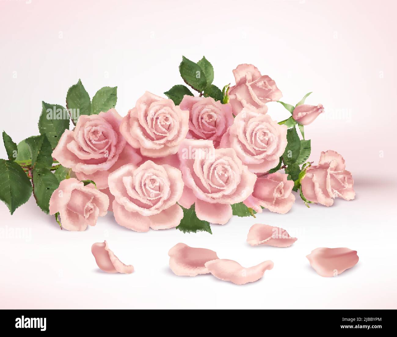 Realistic composition with bunch of beautiful pink roses and petals ...