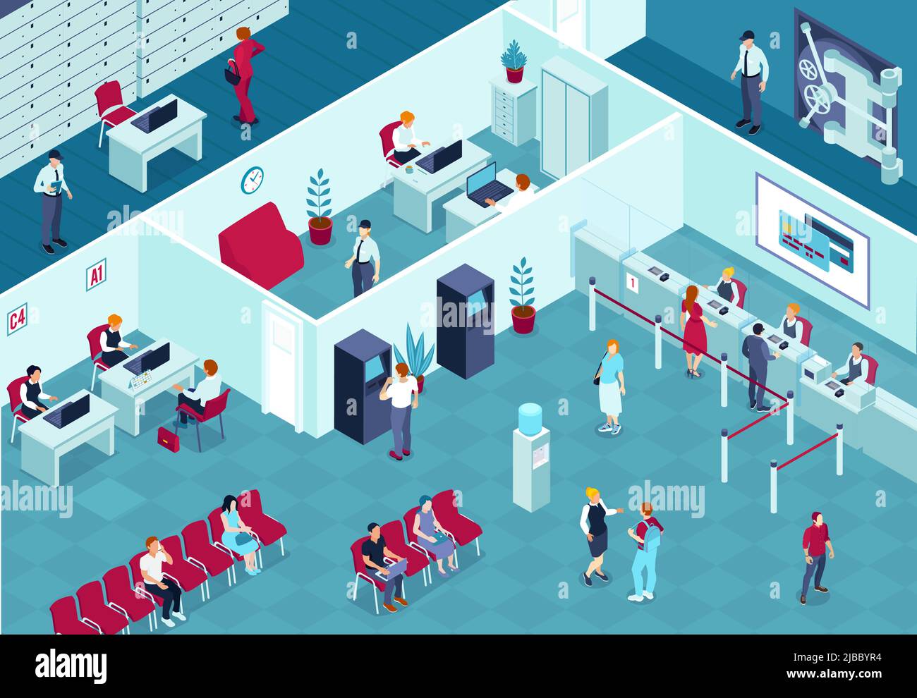 Bank interior isometric vector illustration with guards consulting ...