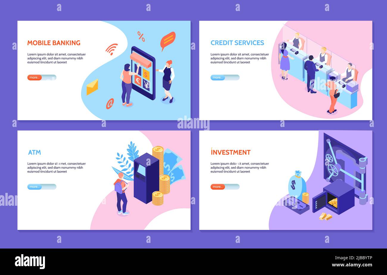 Bank service isometric horizontal banners set of mobile banking credit services investment atm ...