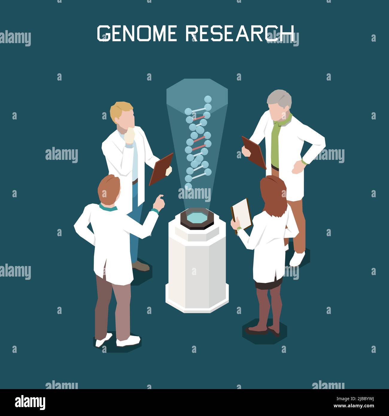 Genetics isometric concept with four scientists researching genome 3d vector illustration Stock ...