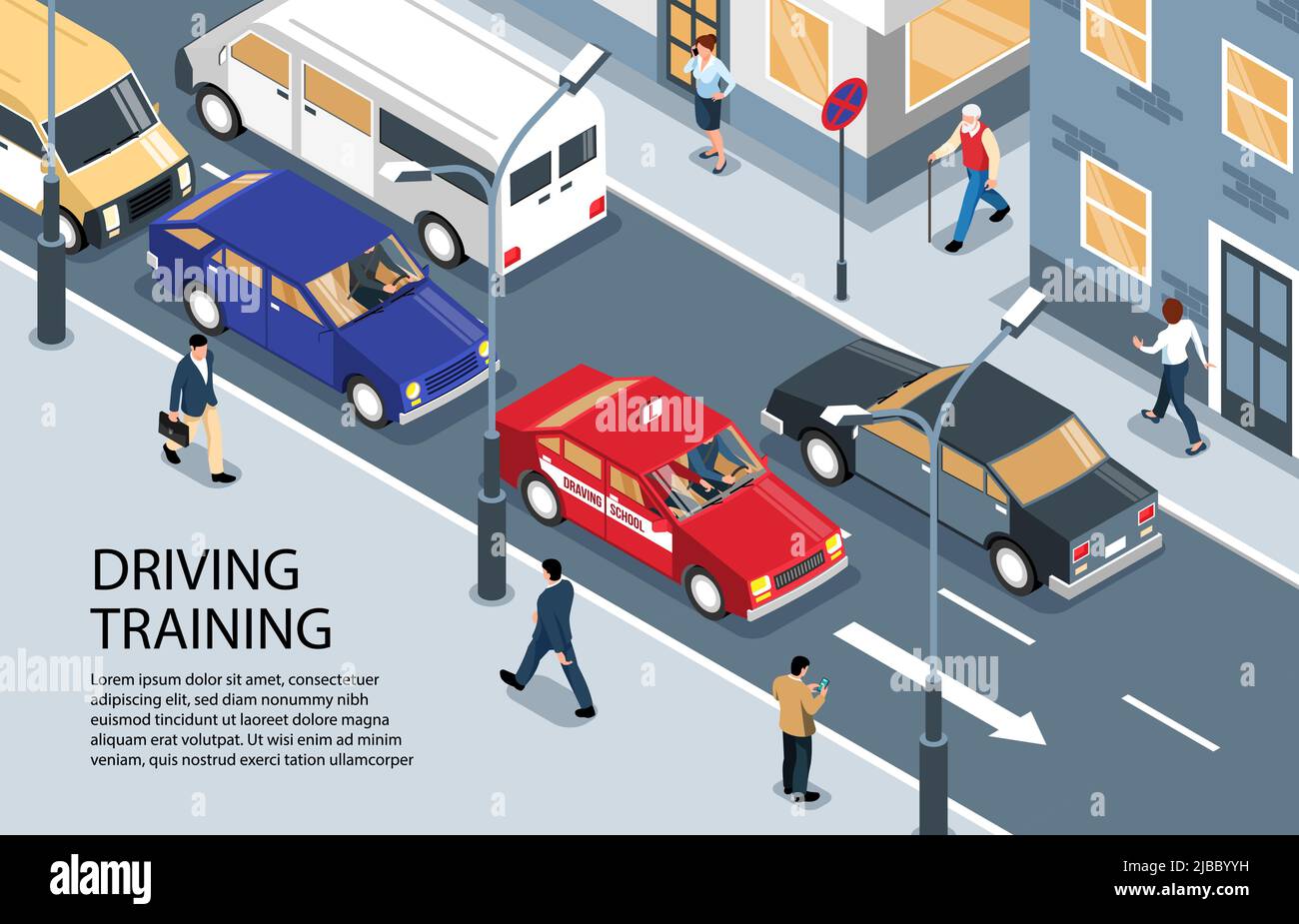 Isometric driving school horizontal background with outdoor scenery and ...