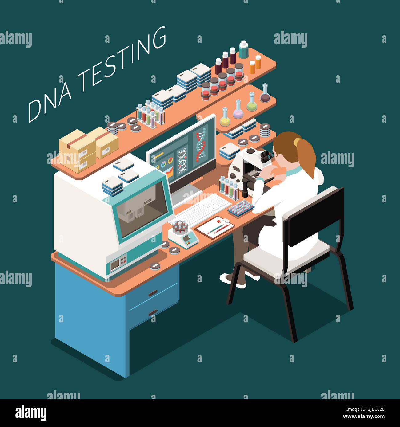 Female genetics scientist testing dna in laboratory 3d isometric vector ...