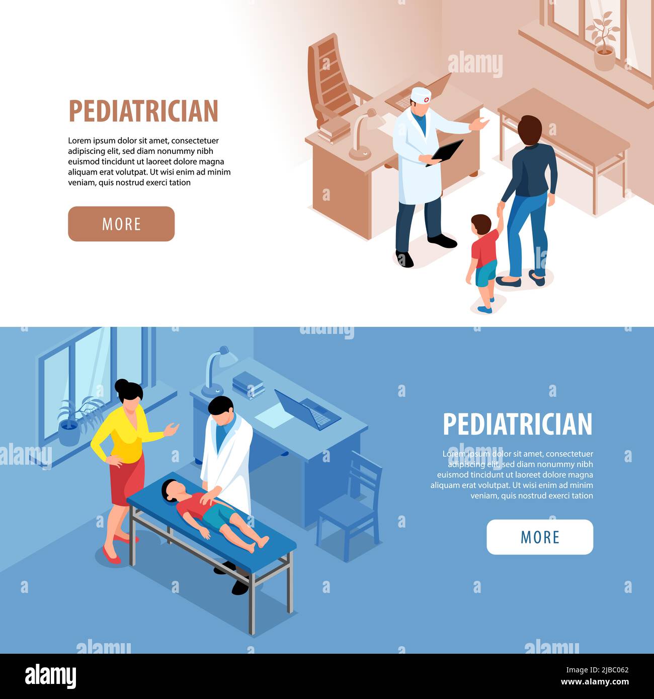 Isometric doctor pediatrician medicine banners with human characters of ...