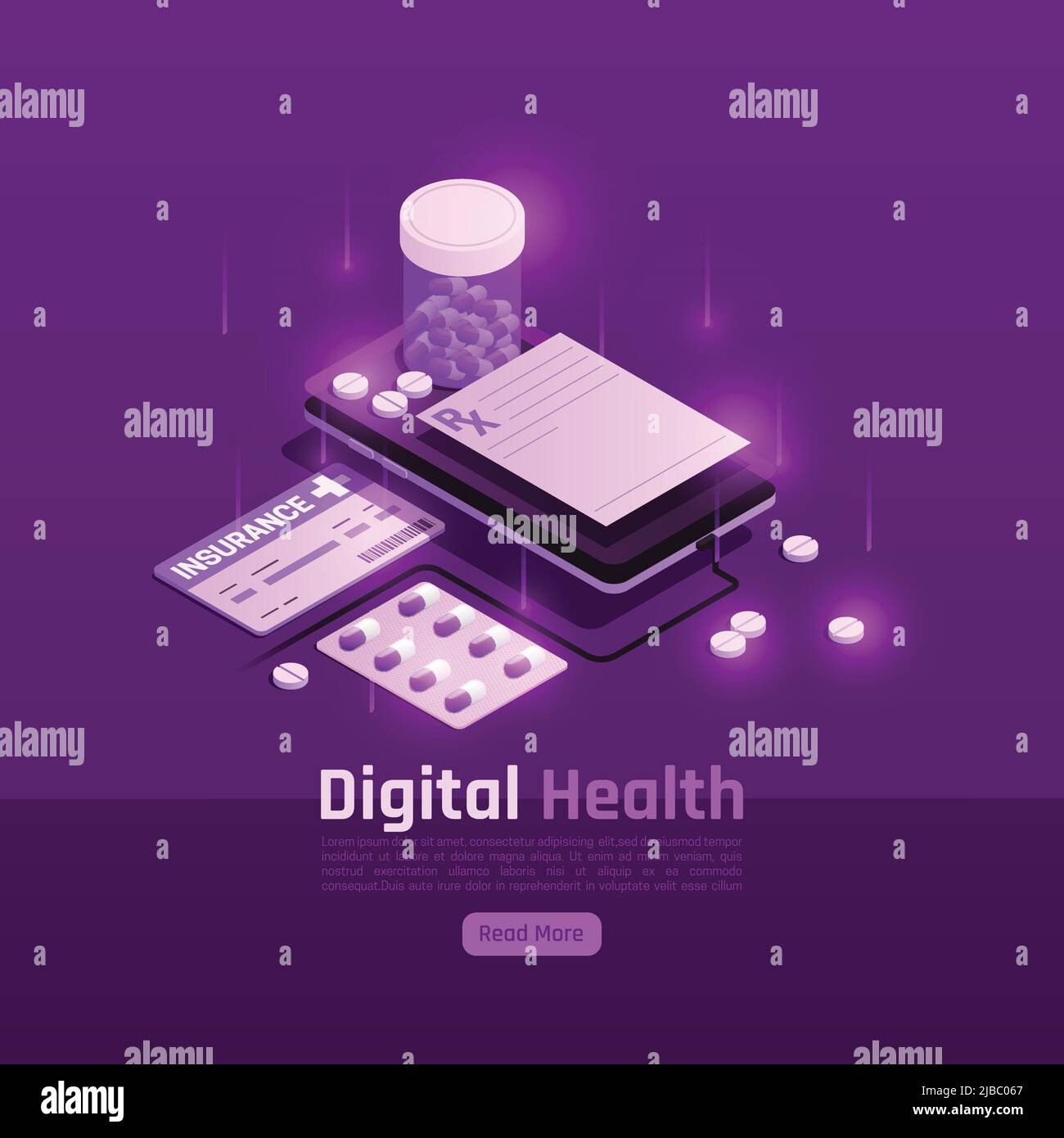 Telemedicine digital health glow isometric square background with read ...