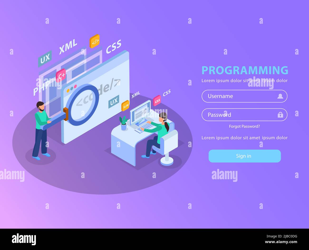 Web development isometric concept background sign in page with images ...