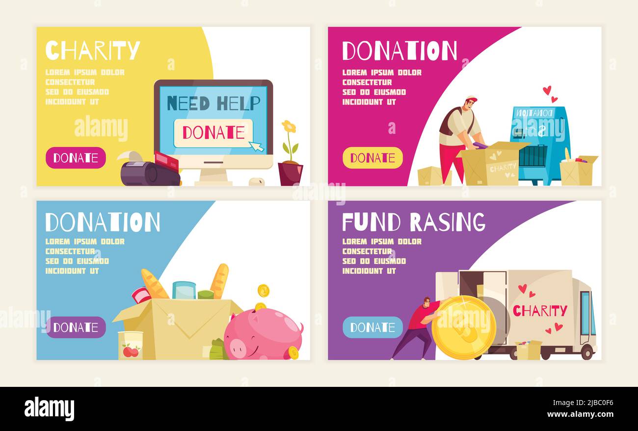 Charity horizontal banners collection with doodle images of goods ...