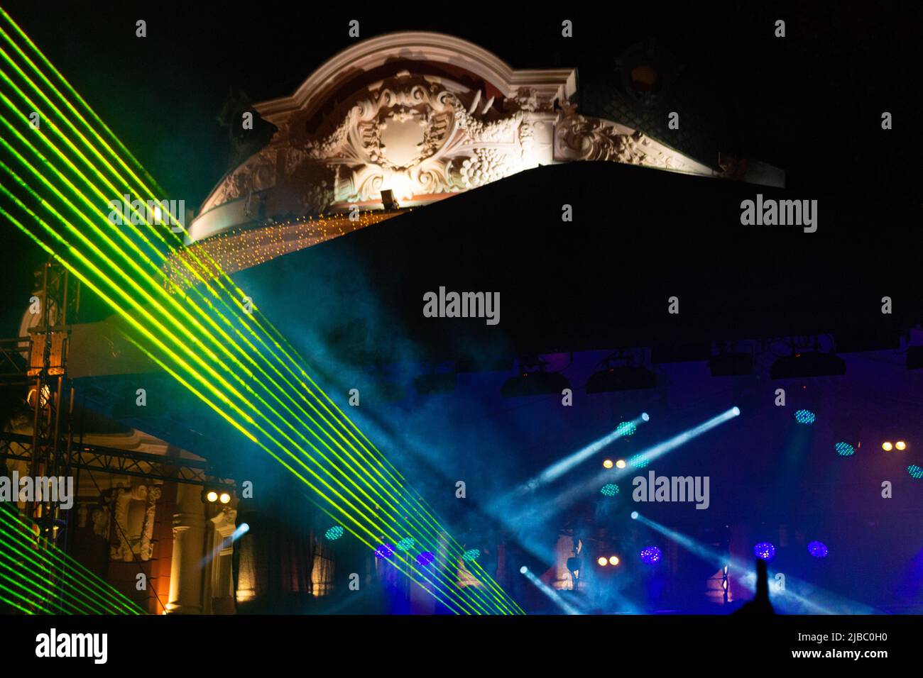 New Year Eve Live concert scene with colorful spectacular lazer beams ...