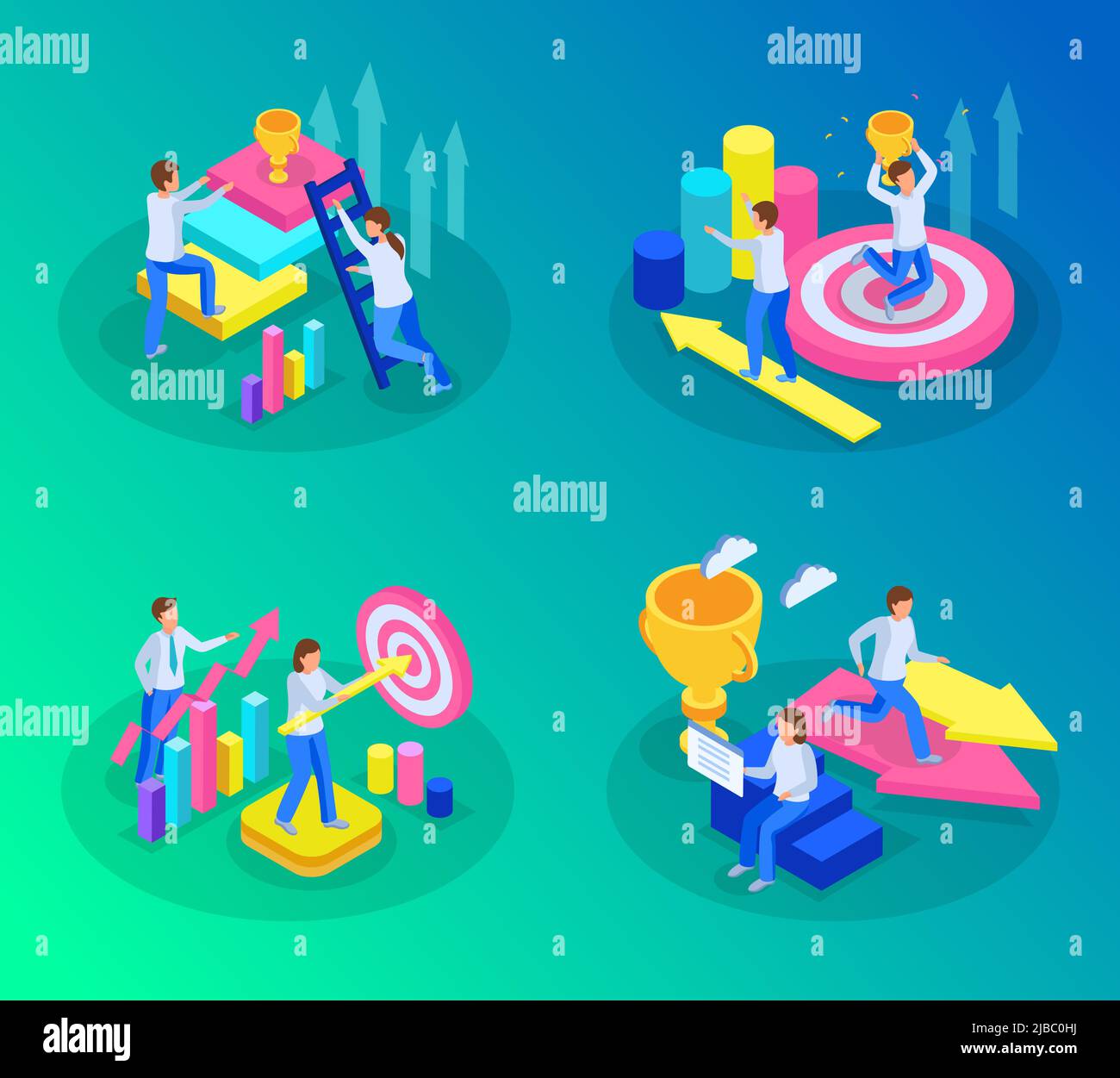 Four squares and isometric run to goal icon set people with ...