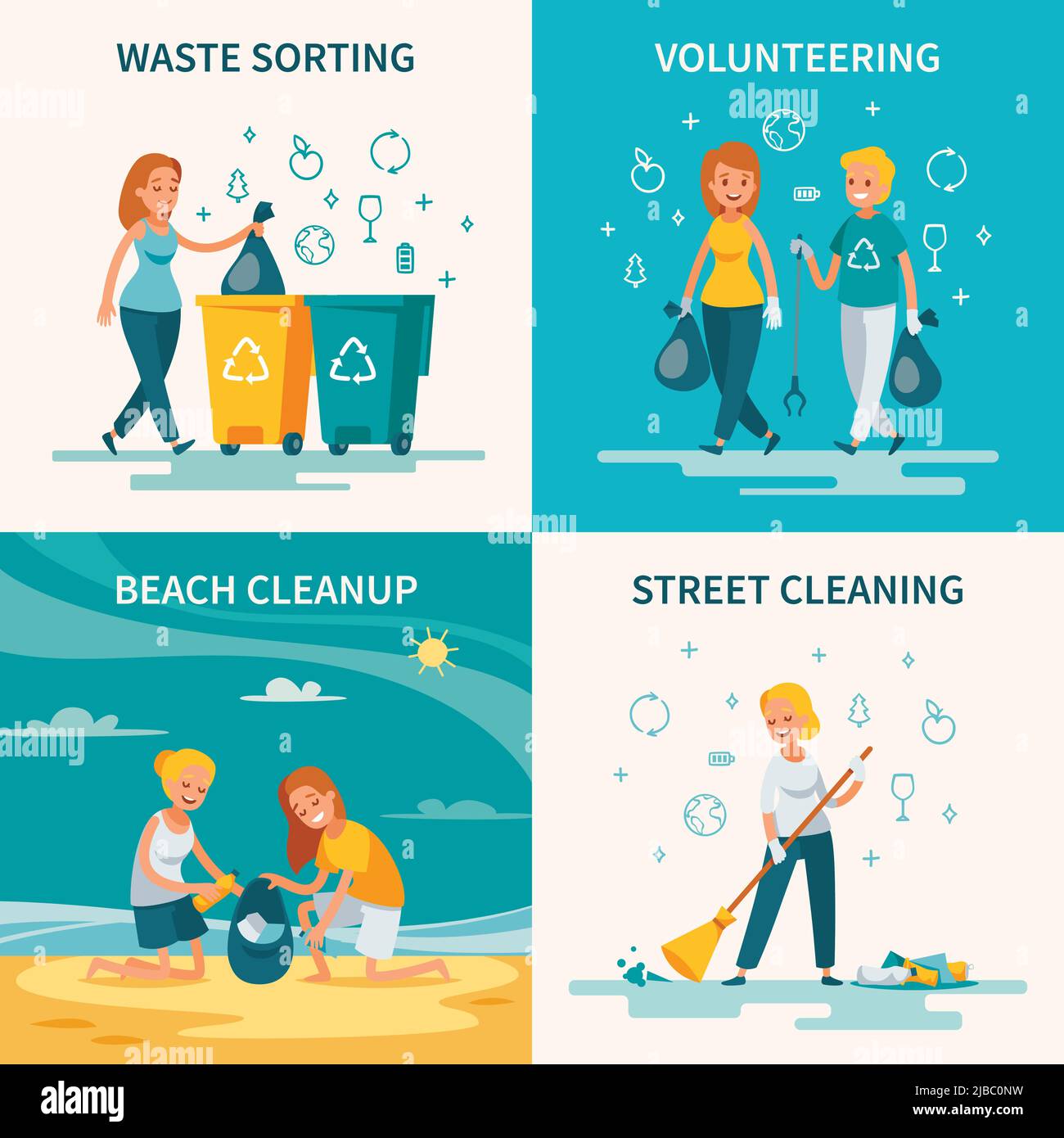 Garbage collection concept 4 flat compositions square with waste ...