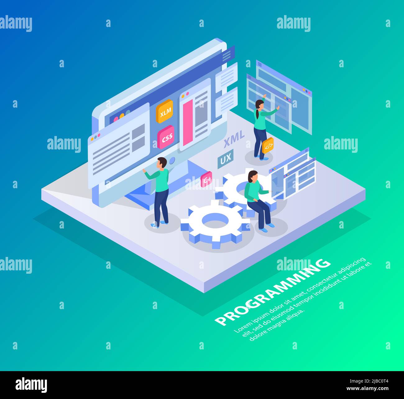Web development isometric concept background with images of screens ...