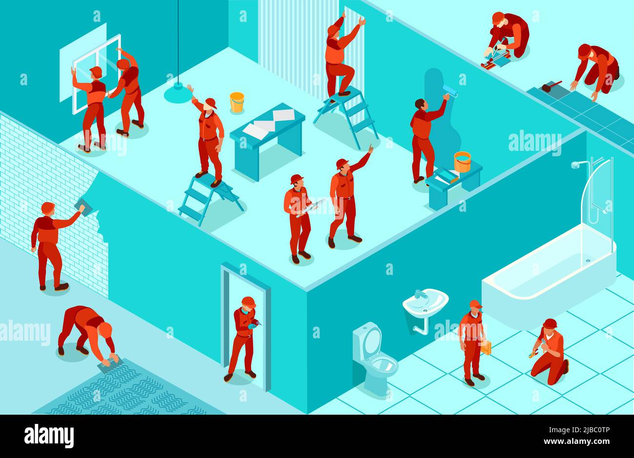 Isometric background with workers from home repair service painting ...