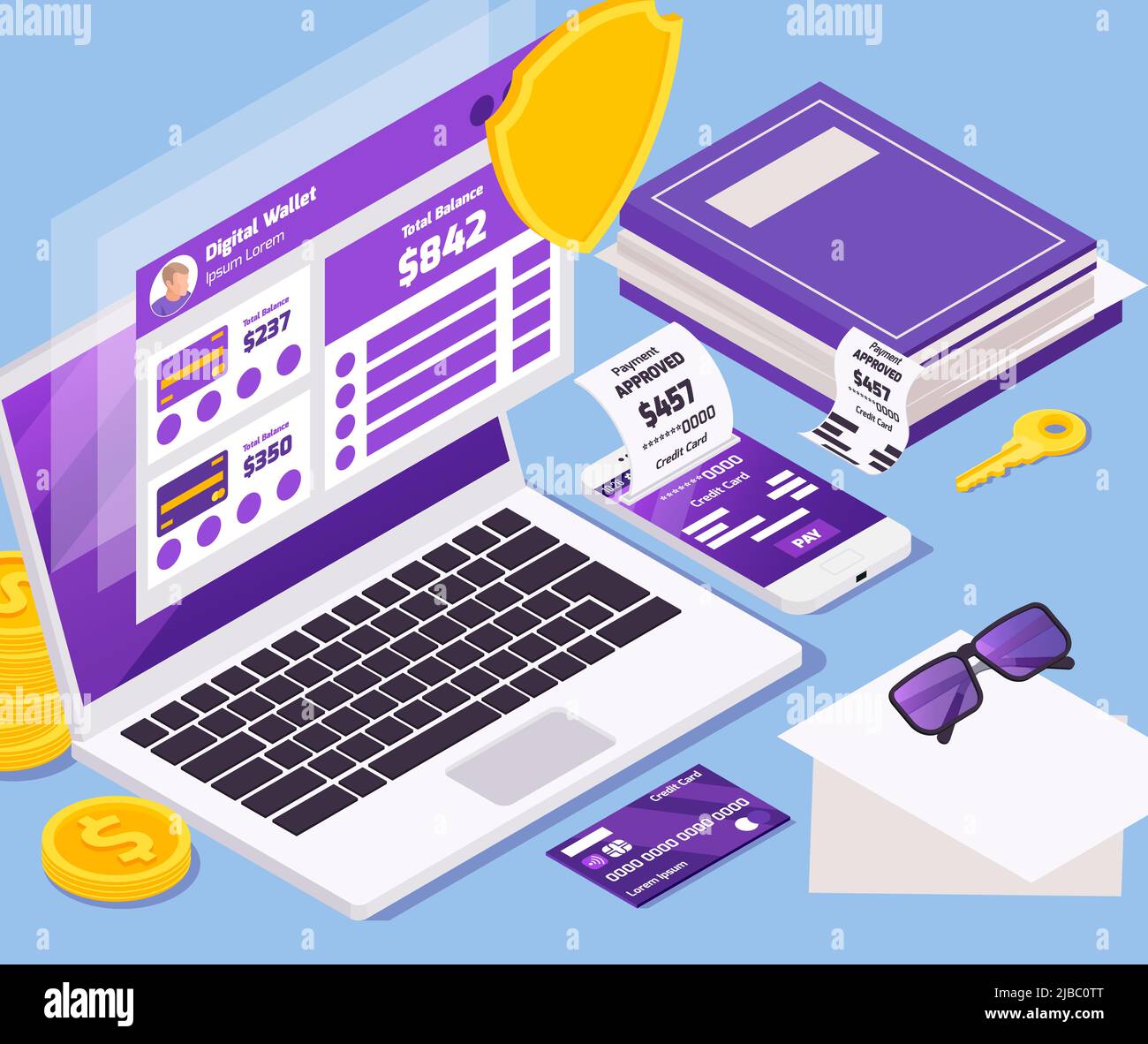 Online payment isometric composition with icons and pictograms for ...