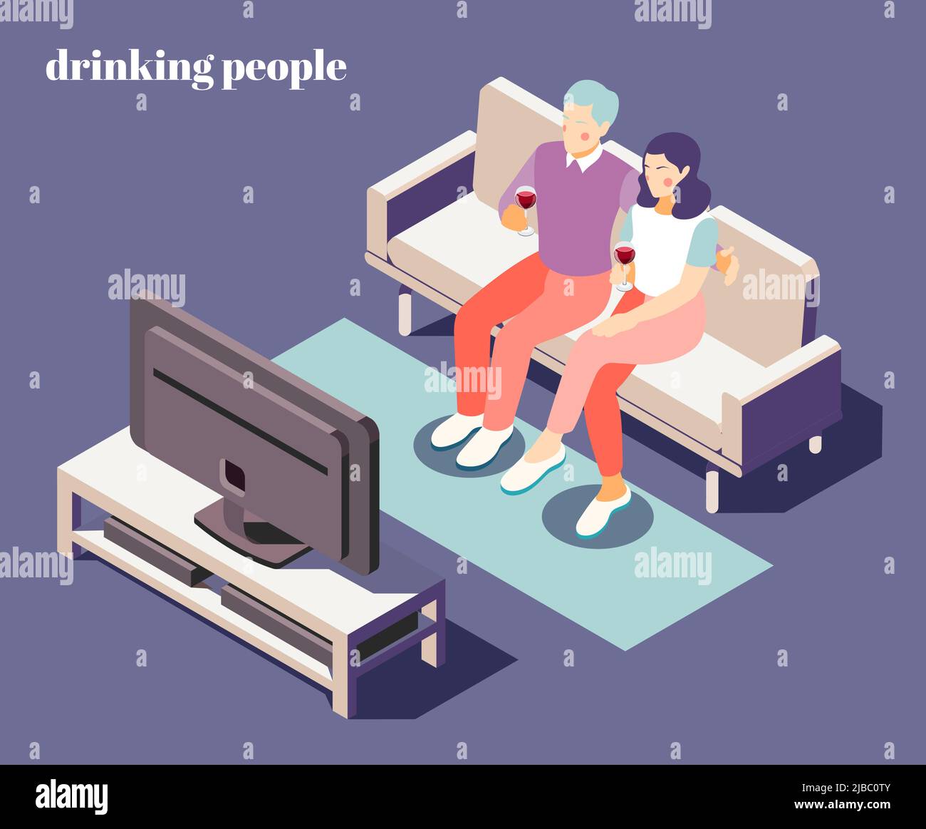 Evening at home isometric composition with couple drinking and watching ...