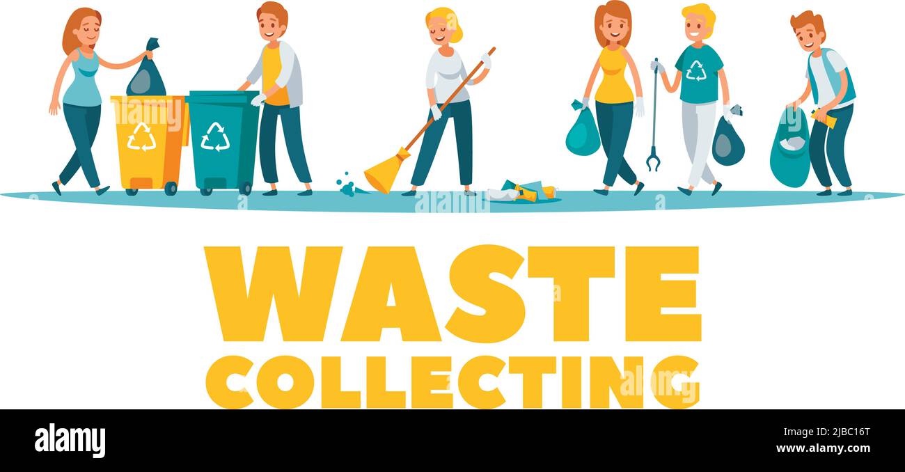 Garbage collecting flat horizontal composition banner with volunteers ...