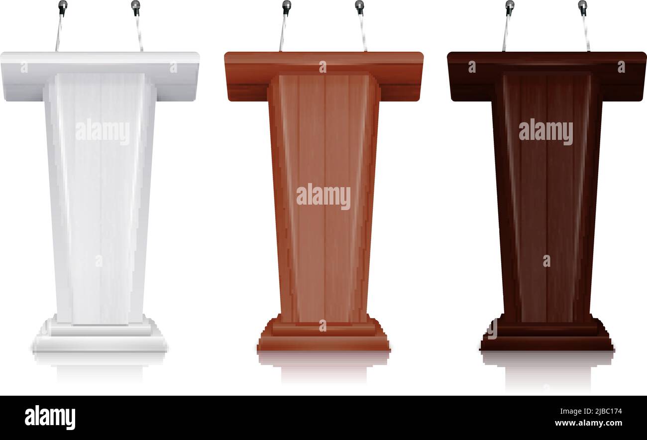 Realistic set of three colored tribunes with microphones for briefing ...