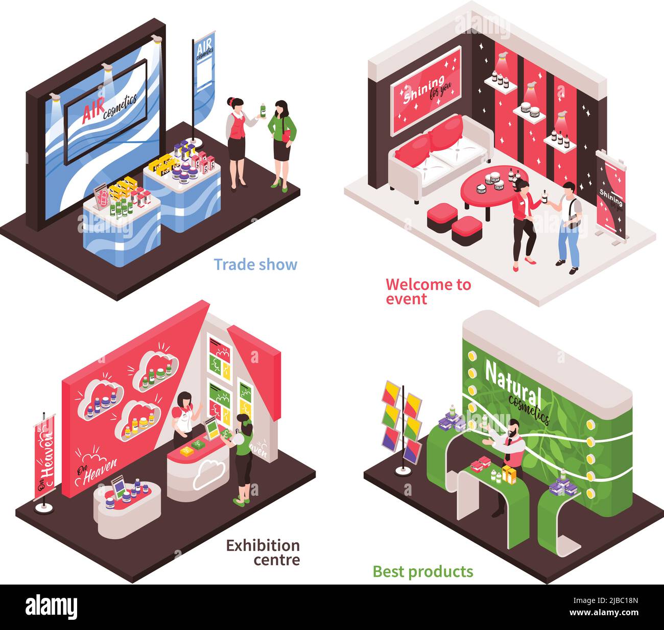 Isometric expo stand design concept with four different examples of ...