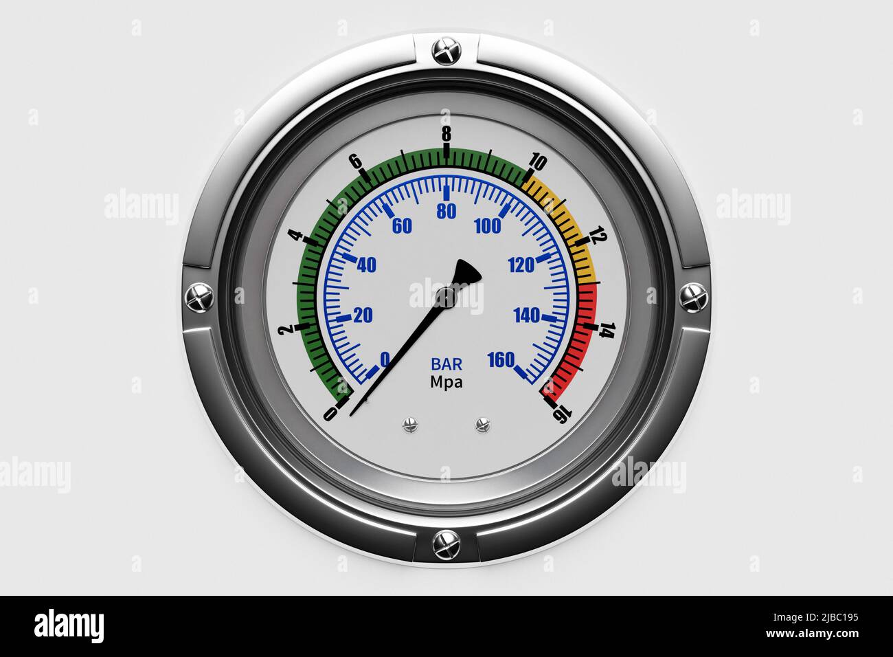 3d illustration of a round barometer with markings up to 160 on a white ...