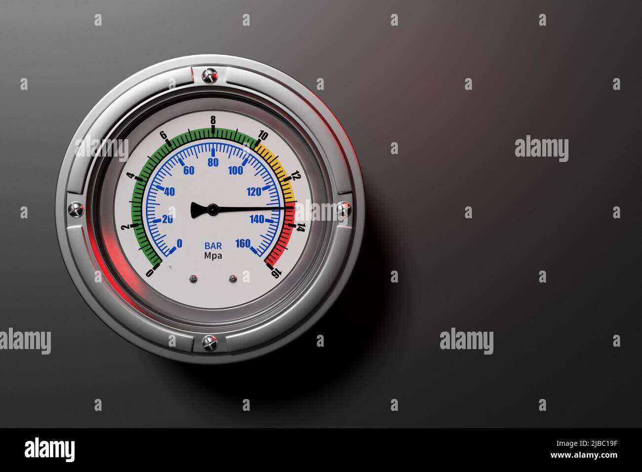 3d illustration of a round barometer with markings up to 160 on a black ...