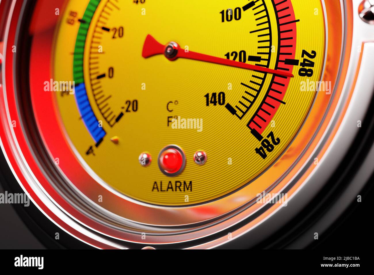 Round temperature sensor with an indicator at a critical level. 3d ...