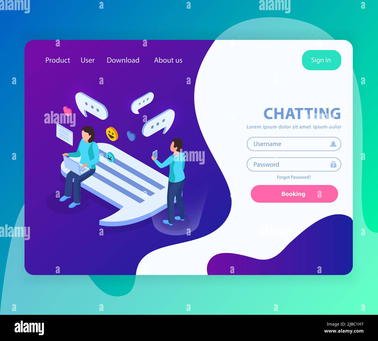 Live chat website landing page isometric design with users messages ...