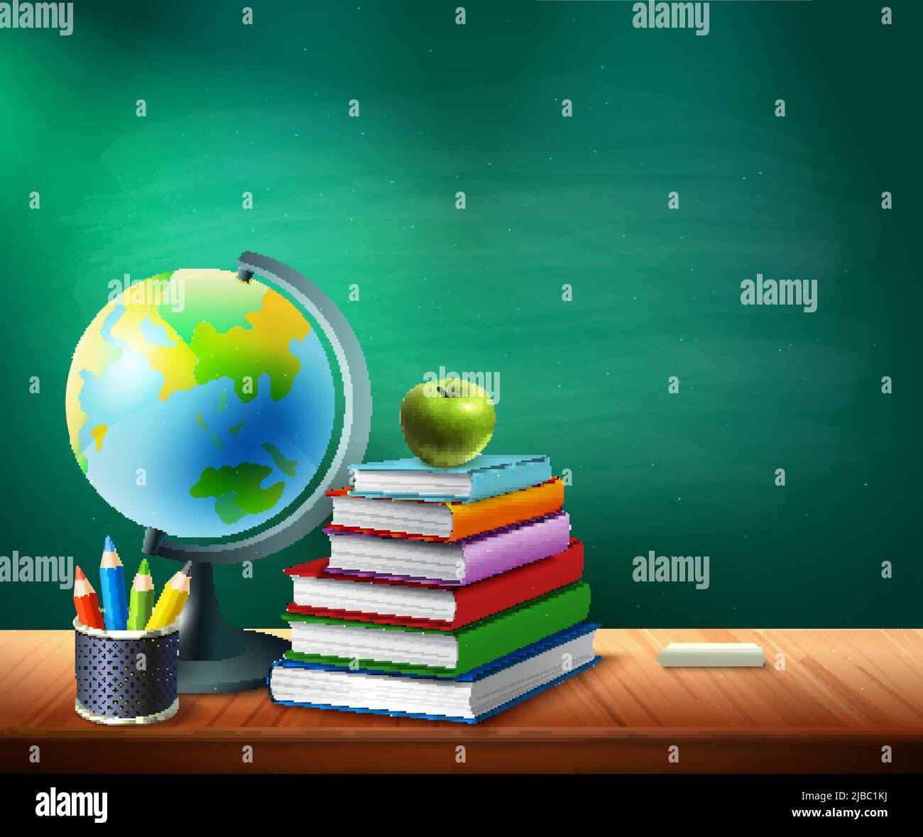 Back to school background with books pencils pot globe on table in ...